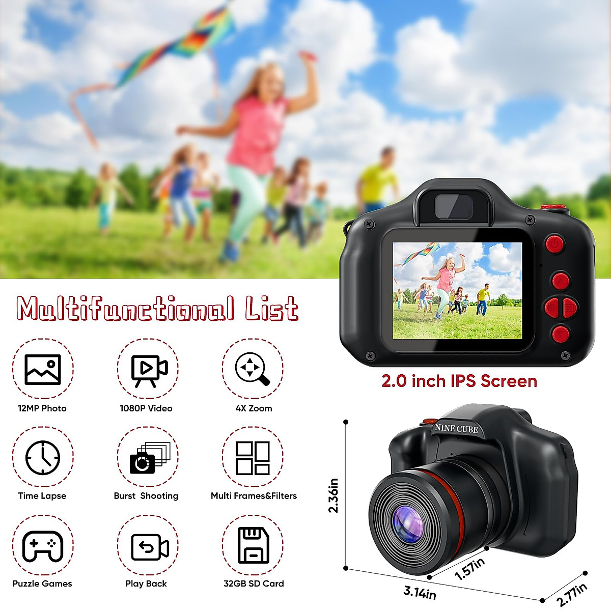NINE CUBE Kids Camera, Digital Camera for Toddlers Age 3-5,1080P Toddler Camera Toys for Ages 5-7, Children Camera Birthday Festival Gift for 3 4 5 6 7 Year Old Boys Girls(32G SD Card)