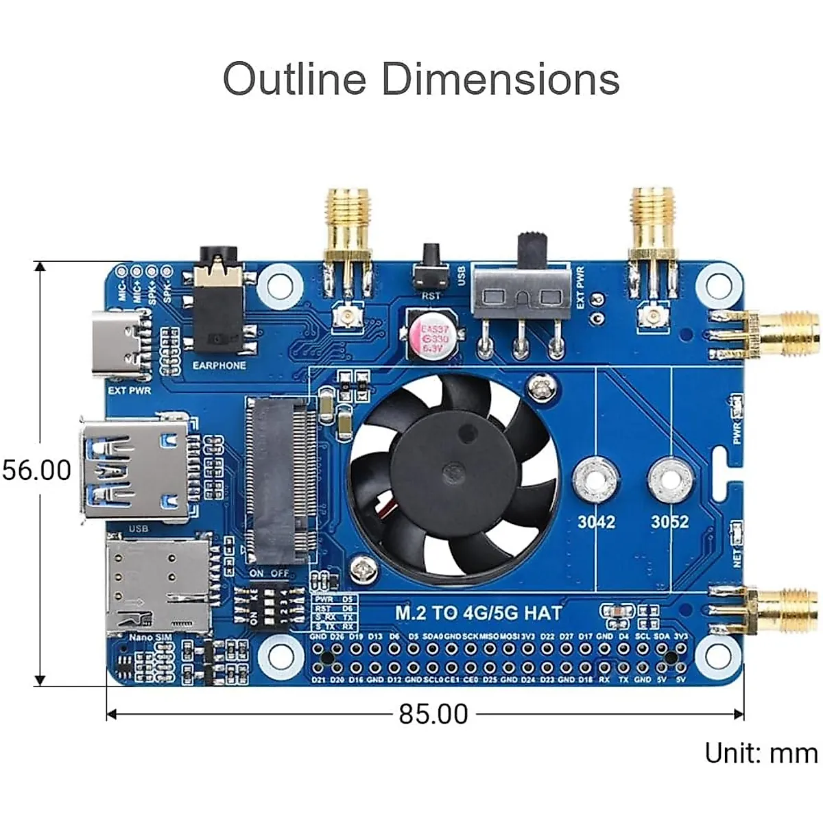 waveshare SIM8202G-M2 5G HAT (B) for Raspberry Pi Snapdragon X55 Quad Antennas 5G NSA Multi Band 5G/4G/3G Compatible Applicable for Regions with 5G Sub-6G Signal Coverage