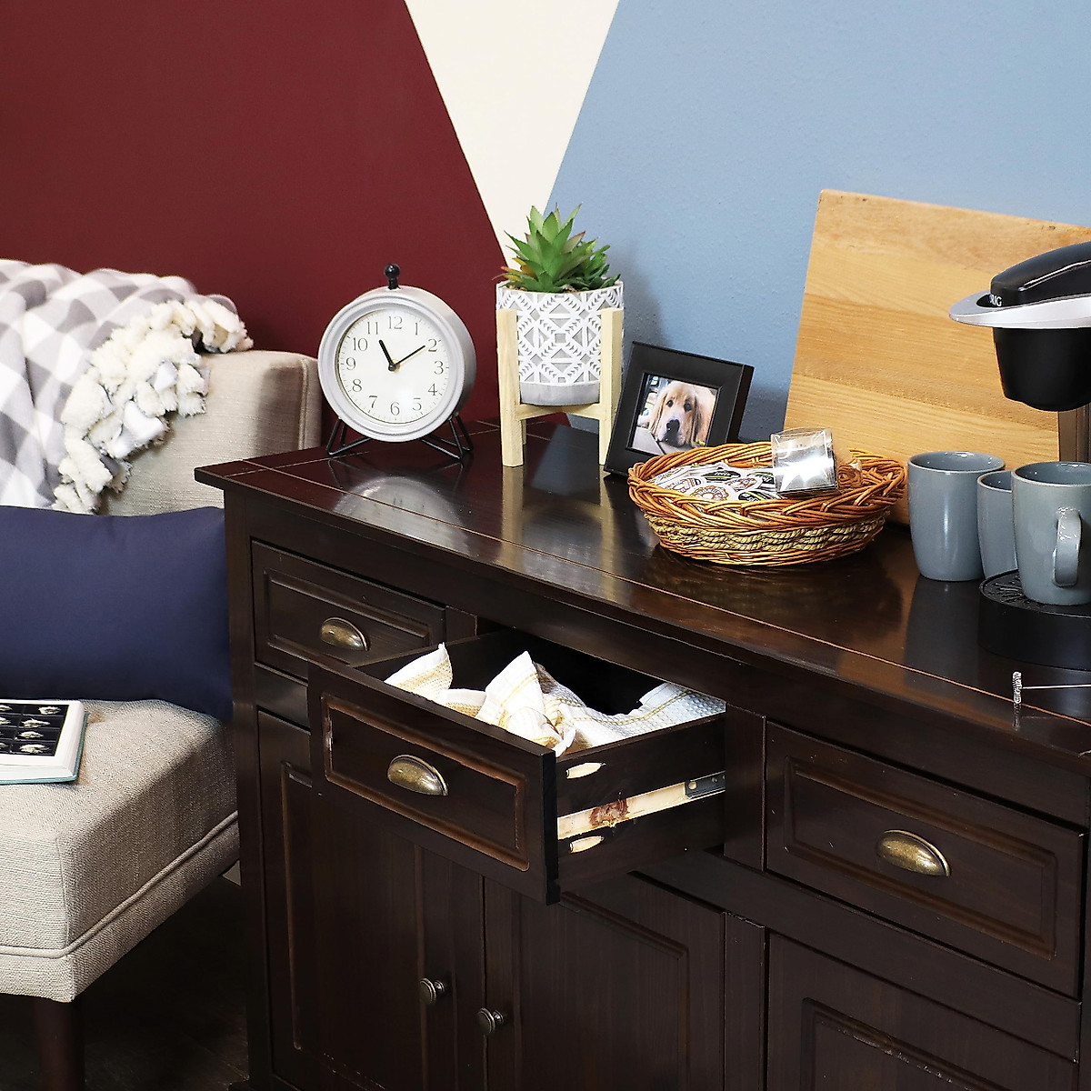 Sunnydaze Solid Pine Sideboard Cabinet with 3 Drawers and 3 Doors - Features Adjustable Inner Cabinet Shelf - Zinc Alloy Hardware - Dark Brown- 32-Inch