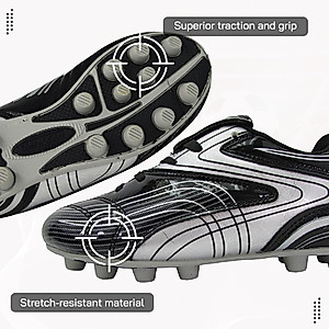 Vizari Striker FG Soccer Shoes | Firm Ground Cleats for Outdoor Surfaces and Fields | Lightweight and Easy to wear Youth Outdoor Soccer Cleats | Black/Silver | 10 Toddler