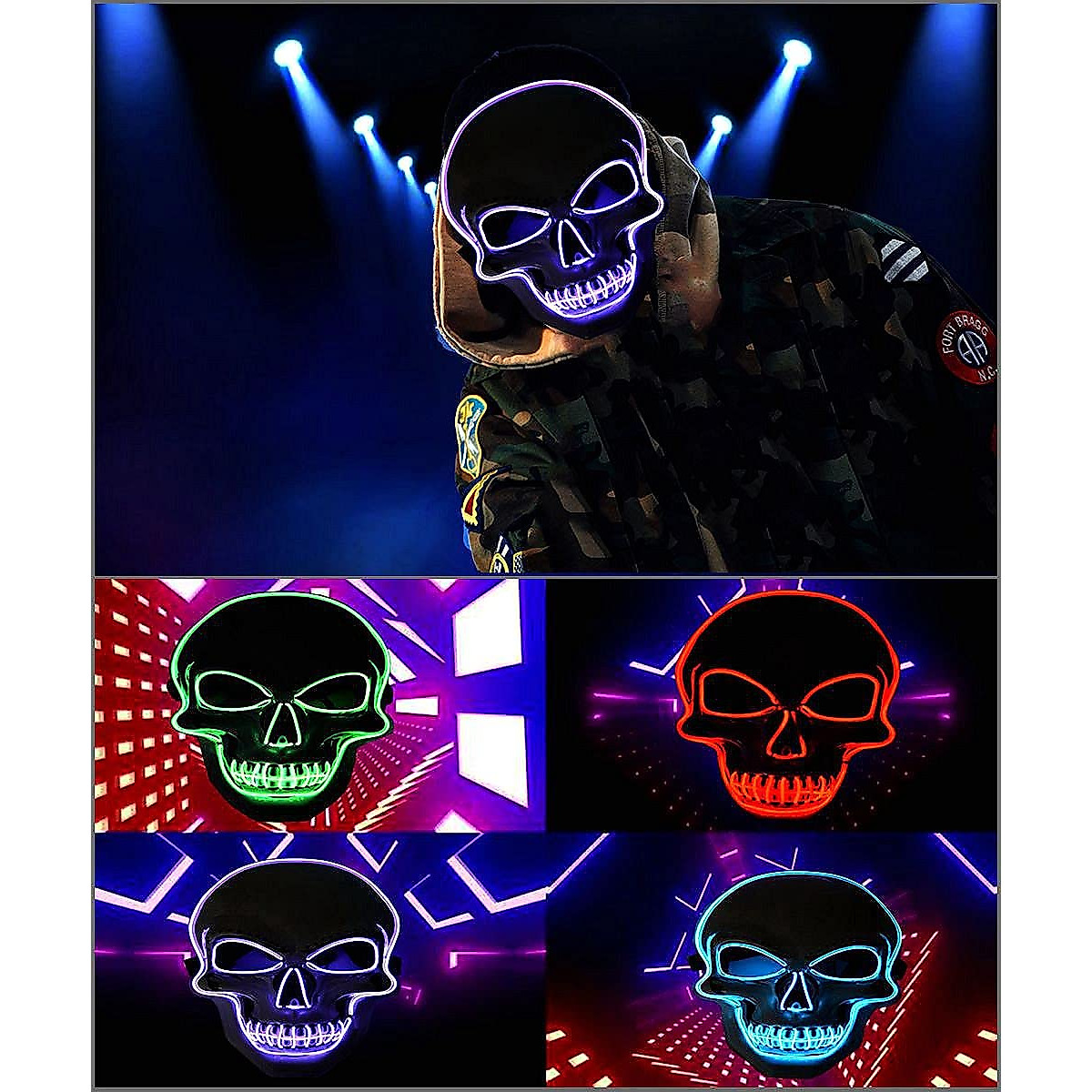 WENTAOWULUE LED Halloween Face Mask Skull Skeleton Light Up Full Face Mask Green