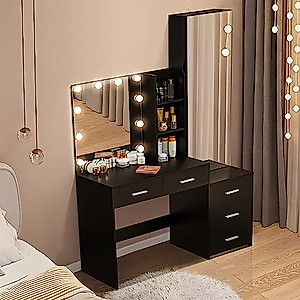 usikey 47.2" Large Vanity Desk with 10 Lights Bulbs & Full-Length Mirror, 70.9" High, Makeup Vanity with Lights and 5 Drawers, Vanity Table Set with Mirror Cabinet and 8 Storage Shelves, Black
