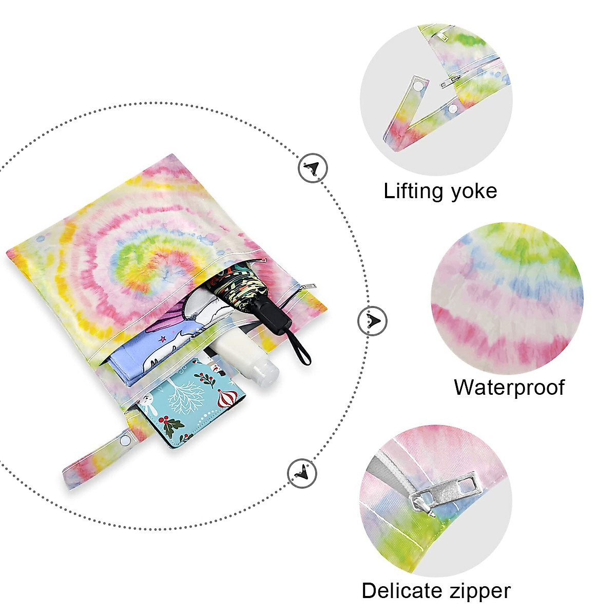 xigua 2 Pack Wet Dry Bags for Cloth Diaper Waterproof Swimsuits Bag with Handle Wristlet for Travel Beach Pouch, Rainbow Tie Dye