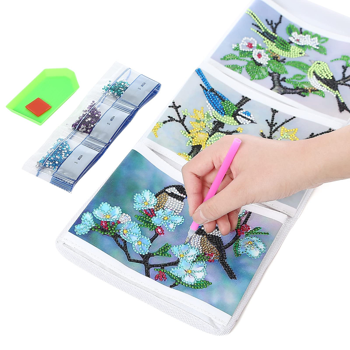 LUSandy DIY Birds Diamond Painting Hanging Storage Bag, Over The Door Wall Mount Diamond Art Closet Organizer, Hanging Storage Pouches with 3 Pockets for Bedroom & Bathroom