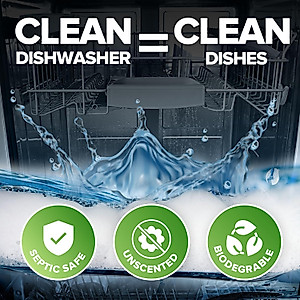 Heavy Duty Dishwasher Cleaner and Deodorizer Tablets, Descaler, Deep Cleaning, Natural Odor and Smell Remover, Calcium, Limescale, Hard Water Marks, Grease, Septic Safe Pods (12 Tabs - 1 Yr Supply)