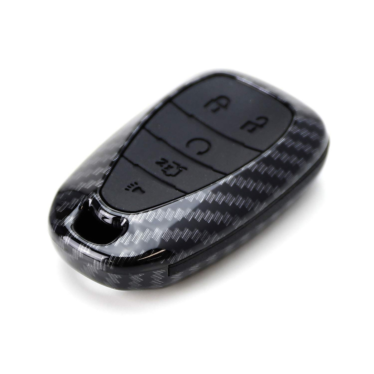 iJDMTOY Compatible with Chevy 2016-up Camaro Cruze, 2017-up Malibu Sonic, Carbon Fiber Hydrographic Printing Design Smart Key Fob Cover Shell w/Black Silicone Keypad Button Skin