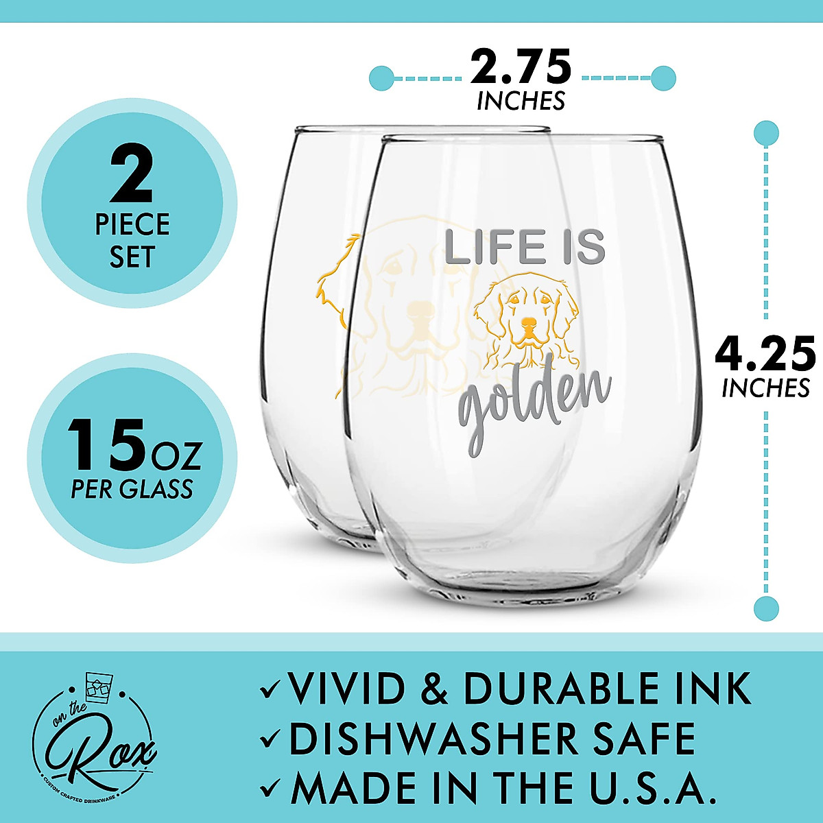 On The Rox Drinks Golden Retriever Gifts for Dog Lovers - Life Is Golden 15 oz Stemless Wine Glass Set of 2 - Cute Dog Face Glasses for Women - Funny Tumbler, Cup for Pet Lovers