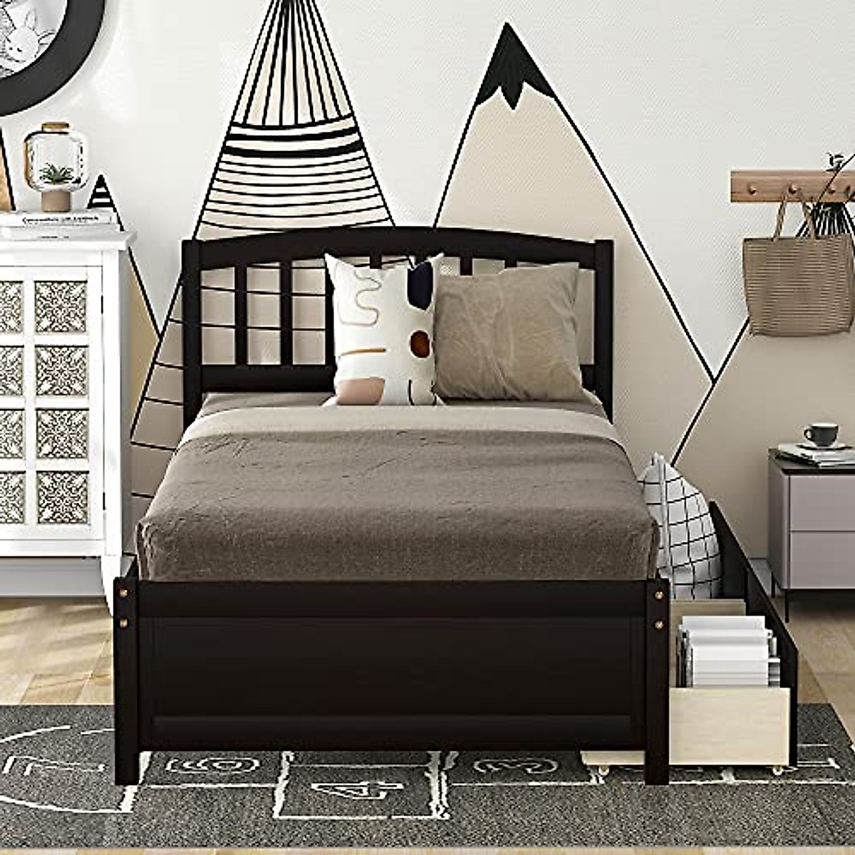 Harper & Bright Designs Twin Storage Bed Frame, Wood Platform Bed with Two Drawers and Headboard, Espresso