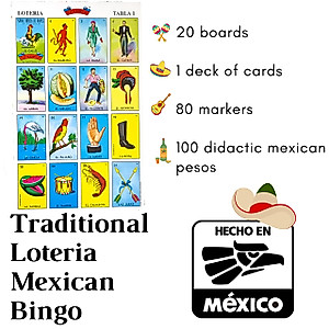 The Original Loteria Mexican Bingo Game with 100 Mexican pesos for 20 Players Game for Adults - loteria de lujo mexicana - loteria mexicana - Juegos de mesa - spanish games Mexican bingo loteria game