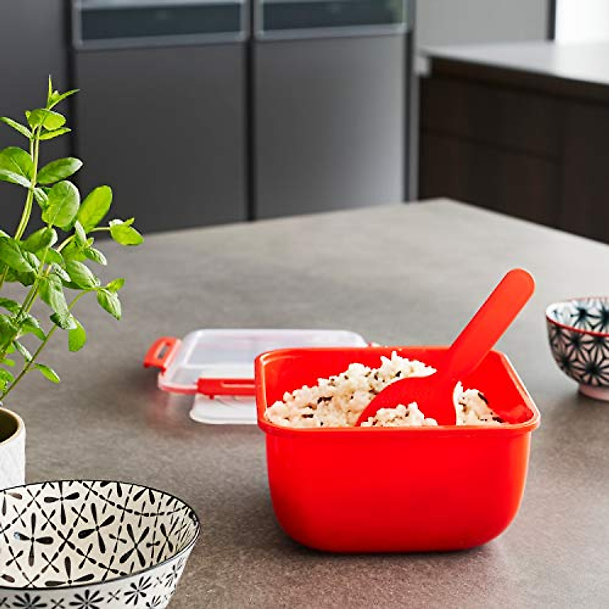 Rotho Memory Microwave Rice Cooker, 2.5l, 19.5 x 19.5 x 12.1 cm, Red