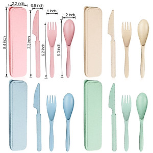 Reusable Travel Utensils Set with Case, 4 Sets Wheat Straw Portable Knife Fork Spoons Tableware, Eco-Friendly BPA Free Cutlery for Kids Adults Picnic Camping Utensils(Green, Beige, Pink, Blue)
