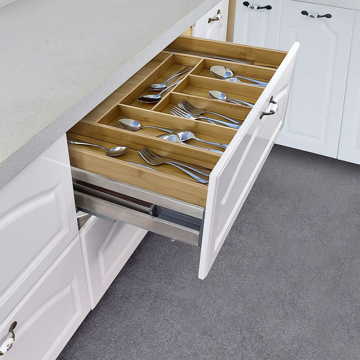 konfuny Bamboo Kitchen Drawer Organizer for Utensils Silverware Holder- Perfect Size Adjustable Cutlery Tray,Drawer Dividers for Flatware and Kitchen Utensils(6-8 Slots)