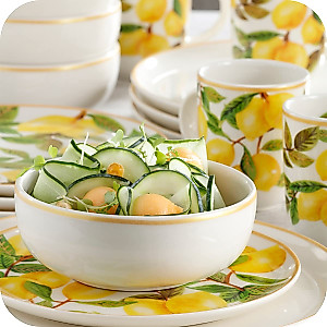 Corona Dinnerware Set 16– piece, Plates Bowls and Mugs Set, Ceramic Sets for 4, Microwave and Dishwasher Safe, Alegra Yellow Lemon Design