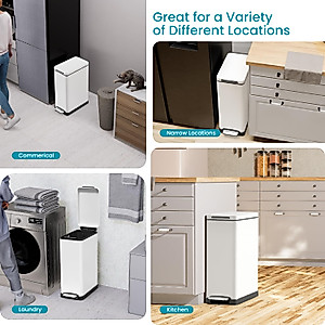 Home Zone Living 12 Gallon Slim Kitchen Trash Can, Stainless Steel, Step Pedal, 45 Liter, White