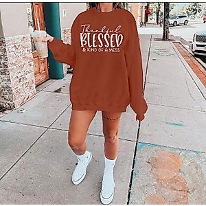 VILOVE Thankful Blessed and Kind Of a Mess Sweatshirt Women Thanksgiving Pullover Blessed Sweatshirt Oversized Tops Brown