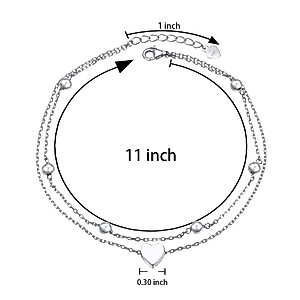 FLYOW Anklet for Women S925 Sterling Silver Adjustable Foot Beaded Heart Charm Ankle Bracelet Anklets Jewelry 11 12 inch