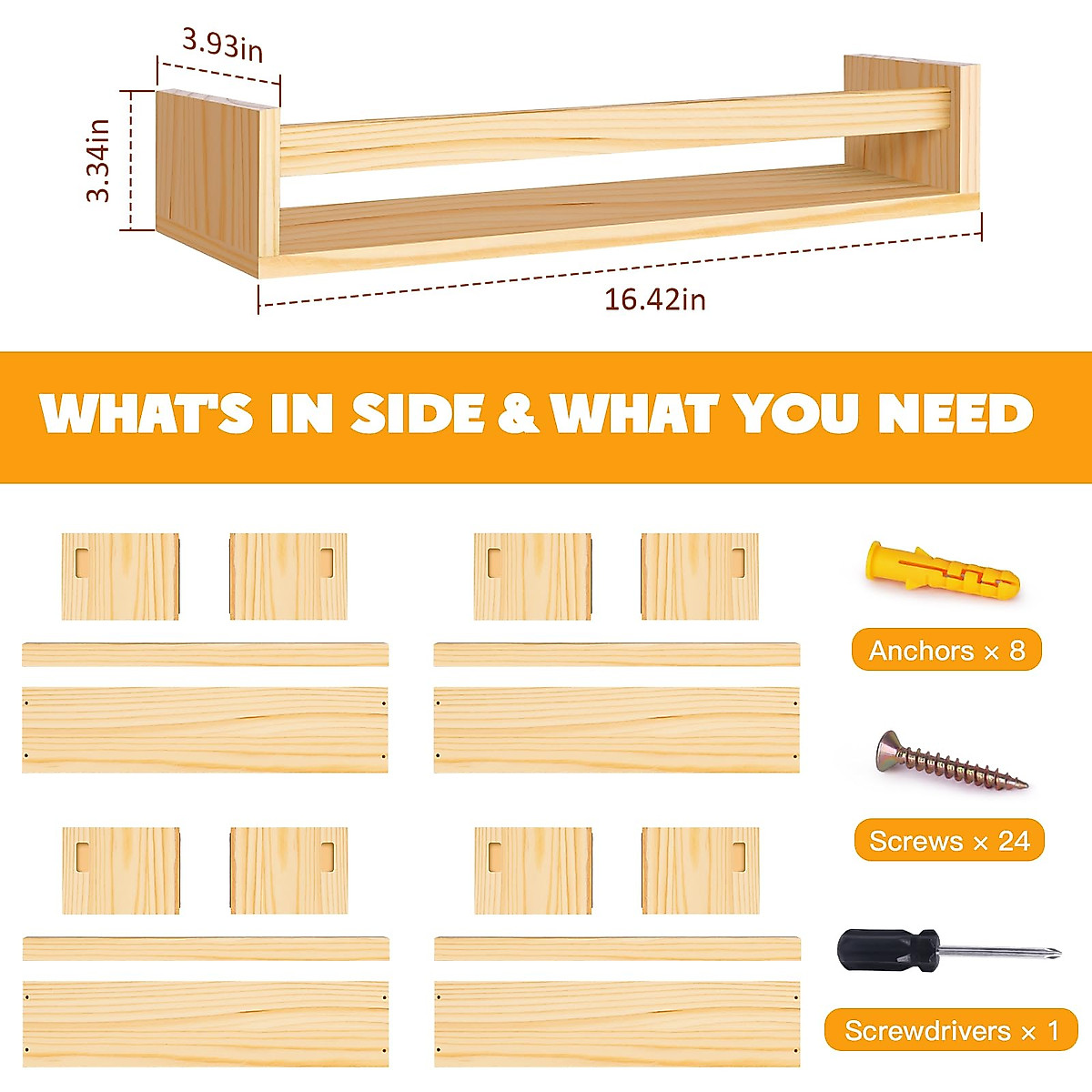 Woodever Nursery Book Shelves Set of 4, 16 Inches Kids Bookshelf, Book Shelf for Kids Room, Floating Shelves for Wall Nursery, Book Storage for Kids, for Bedroom and Palyroom Decor.