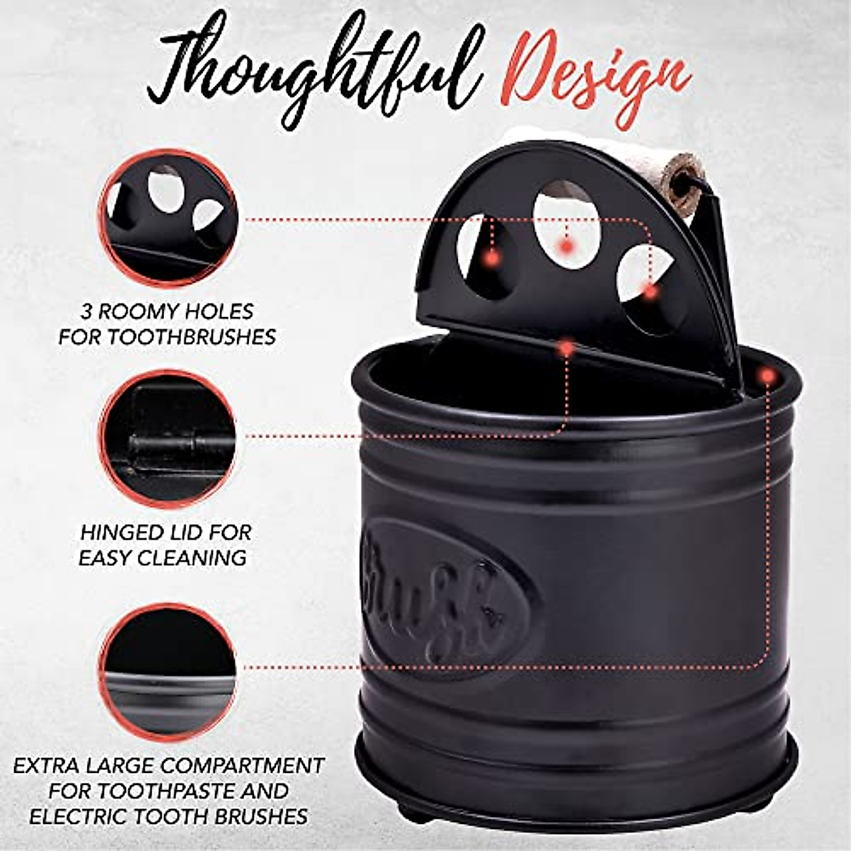 Autumn Alley Rustic Farmhouse Black Bathroom Accessories Set (4 PCS) - Lotion Soap Dispenser, Toothbrush Holder, 2 Apothecary Jars (Qtip Holder) - Rustic Farmhouse Bathroom Decor