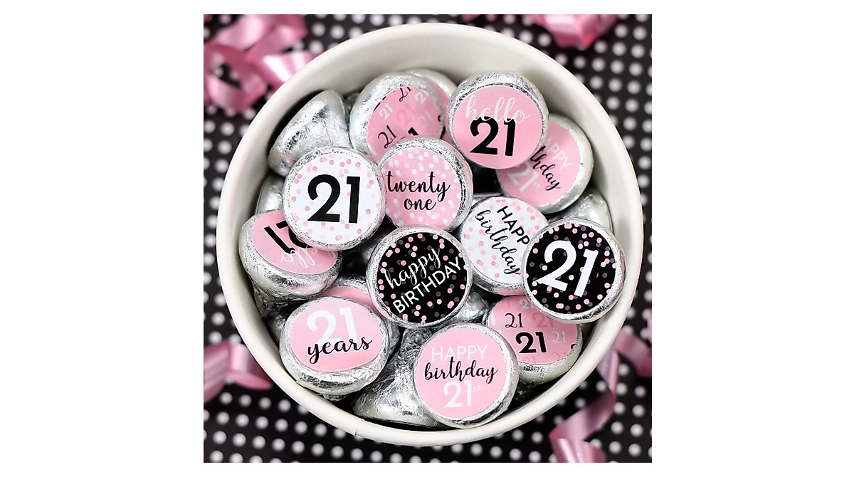 Pink Black White 21st Birthday Party Favor Stickers - 180 Count