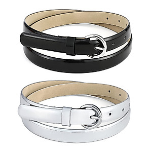 RISANTRY Black Patent Leather Thin Belts for Women - Silver Waist Belts for Womens Dress, Skinny Women Belt for Jeans 2 Pack