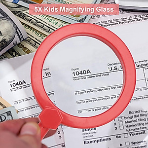 Kids Magnifying Glass Handheld Jumbo Magnifiers with Stand, Exploration Play Reading Magnifier for Children, 5X Magnification Loupe (Ages 3+) (Red)