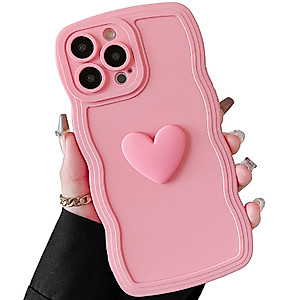 Qokey Case(6.7" 2021), Cute 3D Colors Love Heart Wavy Frame Full Protection for iPhone 13 Pro Max 6.7" Soft TPU Shockproof Phone Cover for Women Girls,Pink