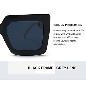 Gleyemor Trendy Oversized Square Sunglasses for Women, Retro Womens Luxury Large Sun Glasses UV400 Protection (Black/Grey)