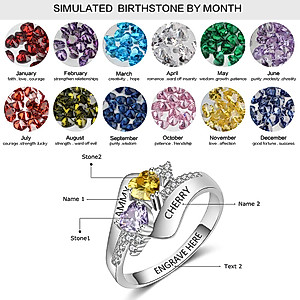 GLAMCARAT Sterling silver Personalized Promise Ring Women’s Stone Rings Heart Shaped Name Rings customized engraved name mothers ring with 2 birthstones