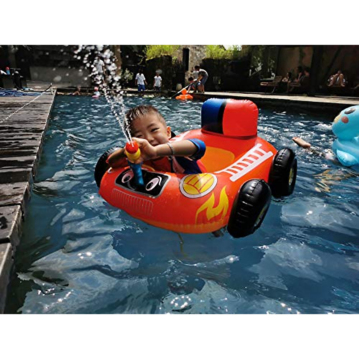 Big Summer Inflatable Fire Boat Pool Float for Kids with Built-in Squirt Gun, Inflatable Ride-on for Children Aged 3-7 Years