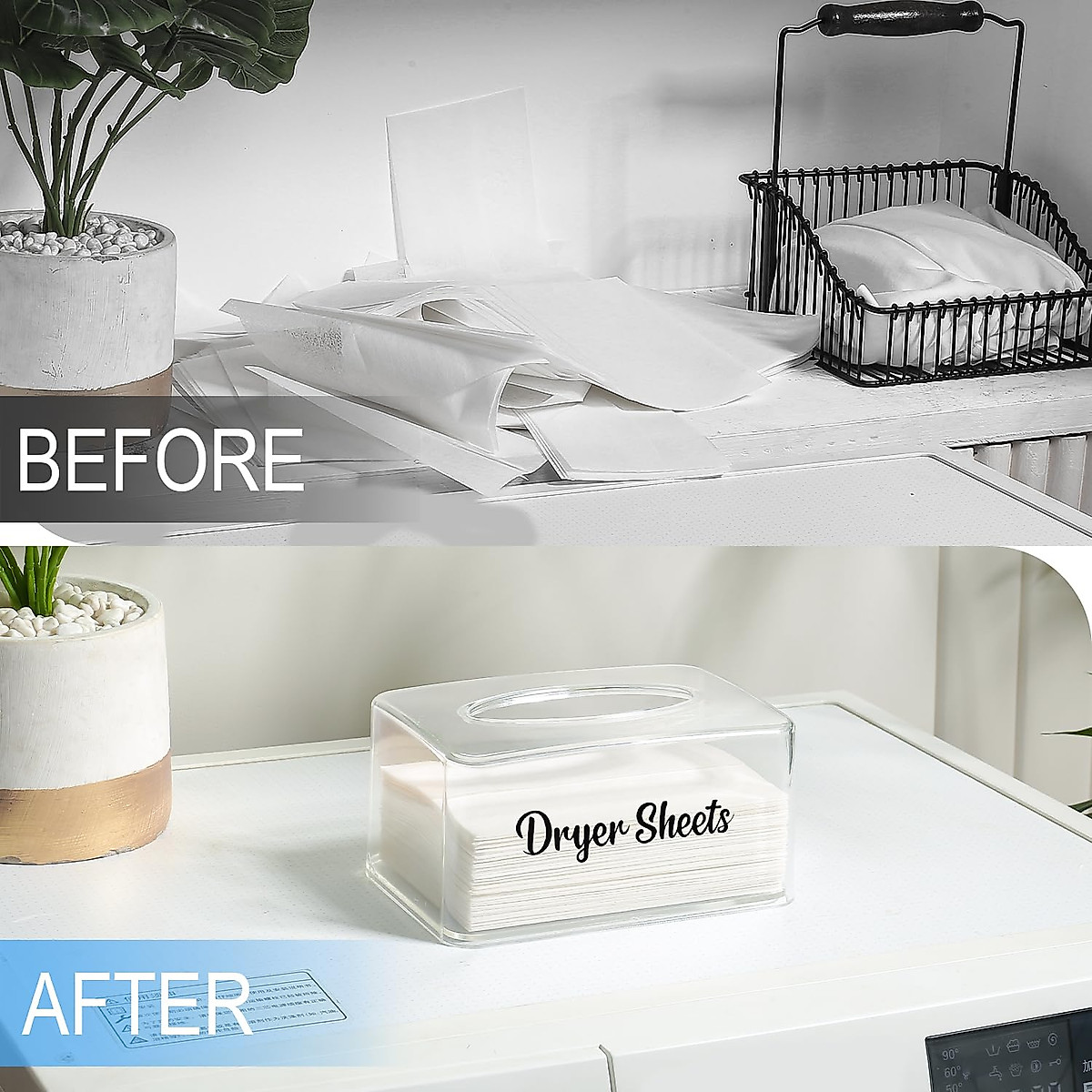 VOTLEVT Dryer Sheet Holder, Clear Dryer Sheet Container, Dryer Sheet Dispenser Box for Laundry Room, Plastic Rectangular Tissue Box Holder Organization