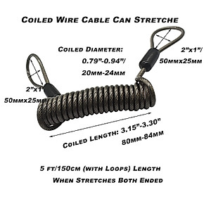 Bytiyar 4 pcs Stainless Steel 4mm Thickness Vinyl Cover Wire Cable Spring Coiled Cable Lock Safety Tether Lanyard with Loops Ended, Extended 5 Feet (150cm),Gun Gray