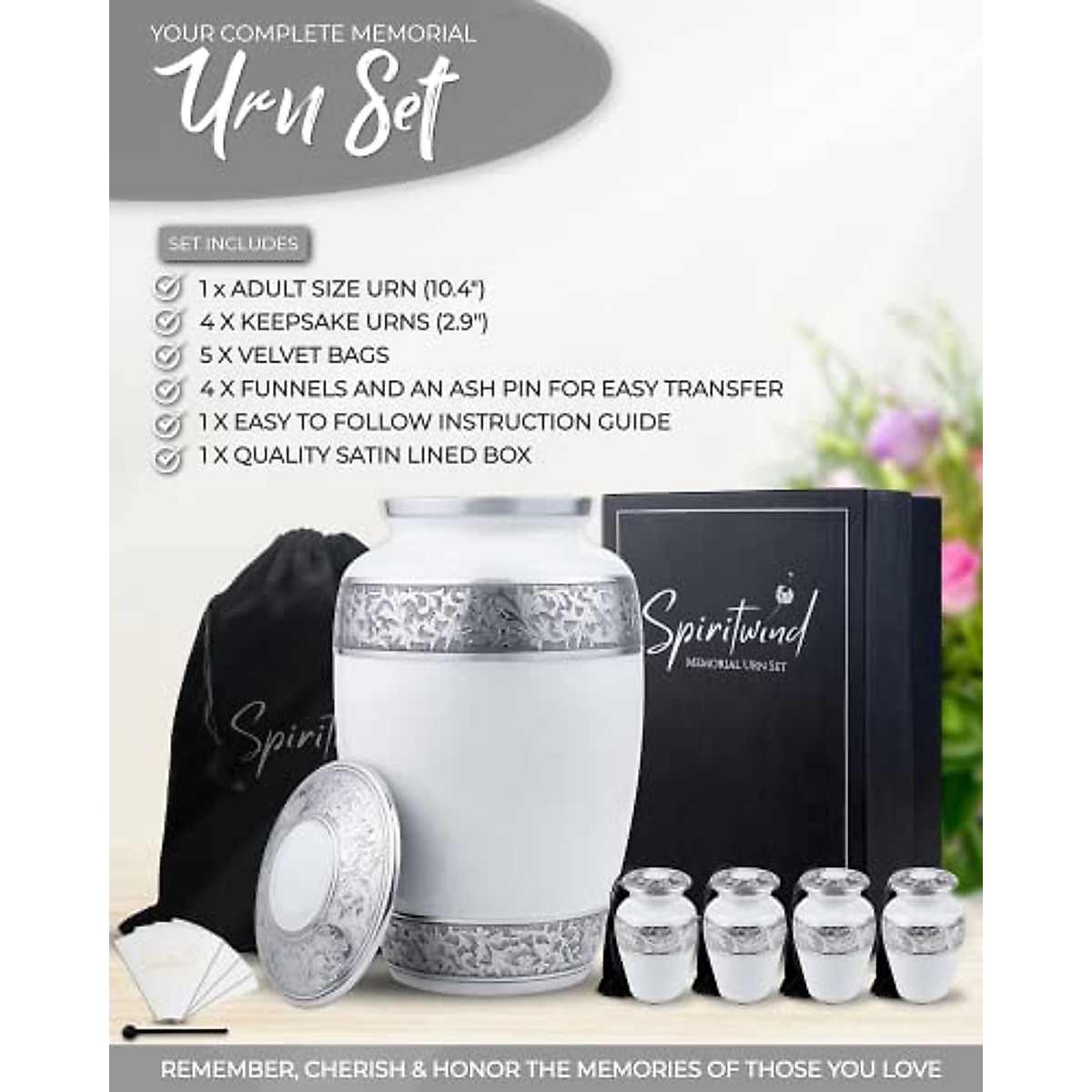 Spiritwind Cremation Urns for Adult Ashes Keepsake Set | Large White Cremation Urn with 4 Small Urns for Human Ashes | Urns for Ashes Adult Male | Urns for Human Ashes Adult Female | Decorative Urns