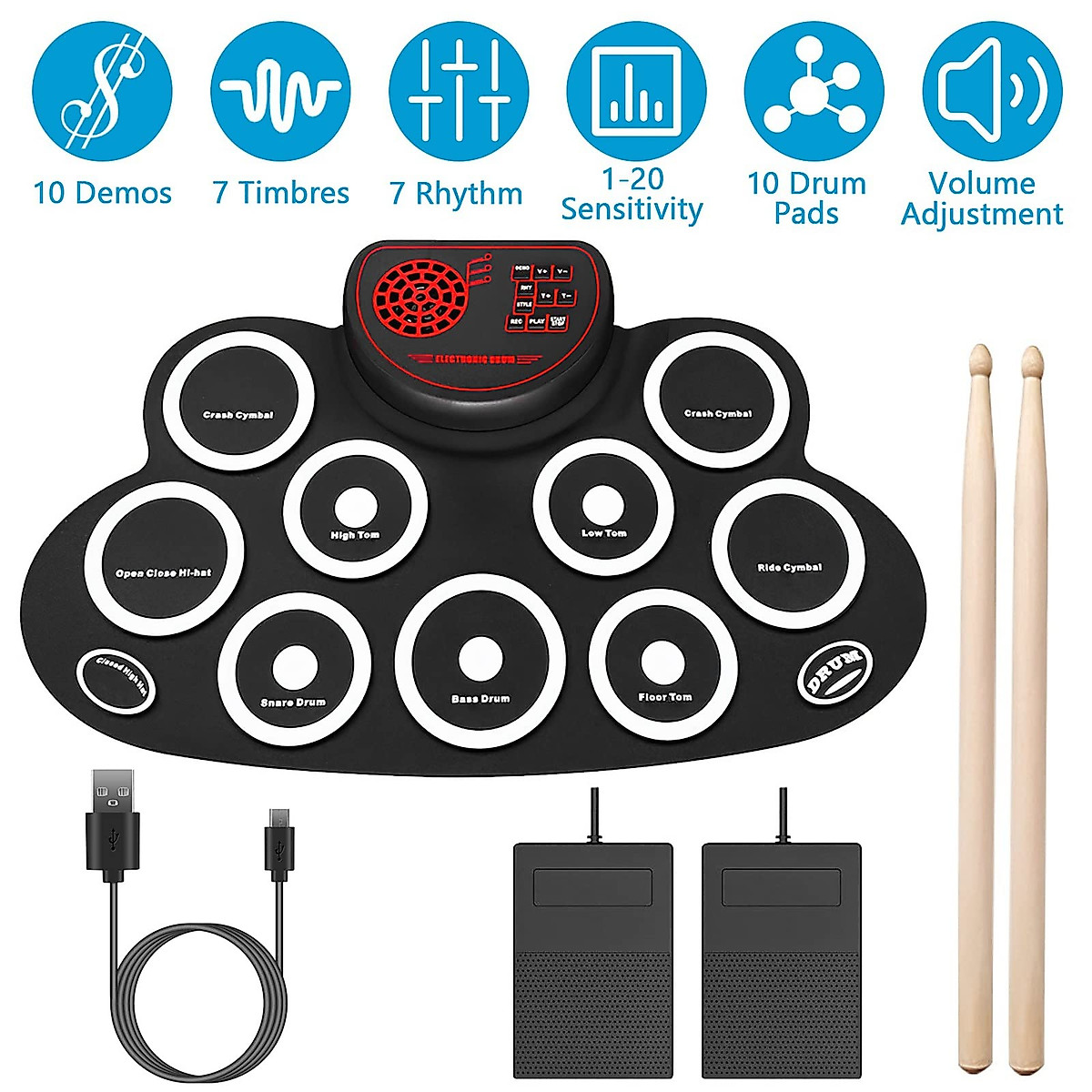 KOCASO Electric Drum Pad Foldable 10-Drum Silicon Drum Kit Dual-Pedal Foldable Electronic Drum Set Machine with Drum 2 Sticks Headphone Jack Speaker for Kids, Beginners
