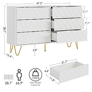 Masupu 6 Drawer Dresser, Modern Drawer Chest, Wide Storage Dresser Chest Cabinet Organizer Unit with Metal Legs, Chest of Drawers for Bedroom, Living Room, Closet, Entryway, White Large