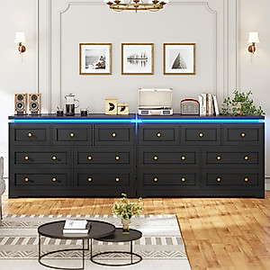 AOGLLATI Dresser for Bedroom, Black Dresser with 7 Drawers, Dressers & Chest of Drawers, Modern Led Wide Long Bedroom Dresser with Top Floating Design for Bedroom Hallway,Black