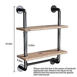 SDMETEI 24 Inch Industrial Pipe Shelf Bathroom Shelves, Rustic Wood Shelf with Towel Bar 2 Tier Farmhouse Industrial Pipe Shelving Towel Rack Over Toilet for Storage