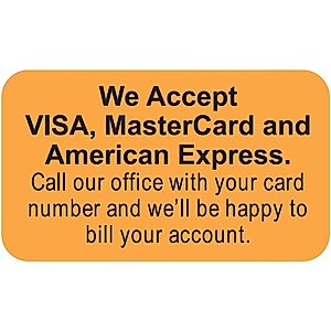 Doctor Stuff - File Folder Chart Labels, MAP4660, We Accept Visa, Billing and Collection Medical Stickers, Fluorescent Orange/Black, 1-1/2" x 7/8", 250 per Box