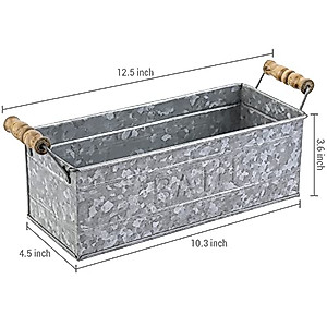 MyGift Galvanized Metal Rectangular Storage Basket with Wooden Handles, Bathroom Toiletries Holder, Organizer Bin with Embossed Bath Label - Handcrafted in India