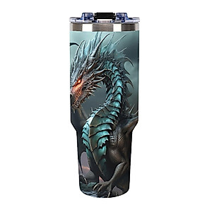 QWJKM Cool Dragon Tumbler with Handle Large Insulated Car Cup 40 OZ Stainless Steel Travel Mug Leak Proof Water Bottle with Lid And Straw for Car Home Office Gifts