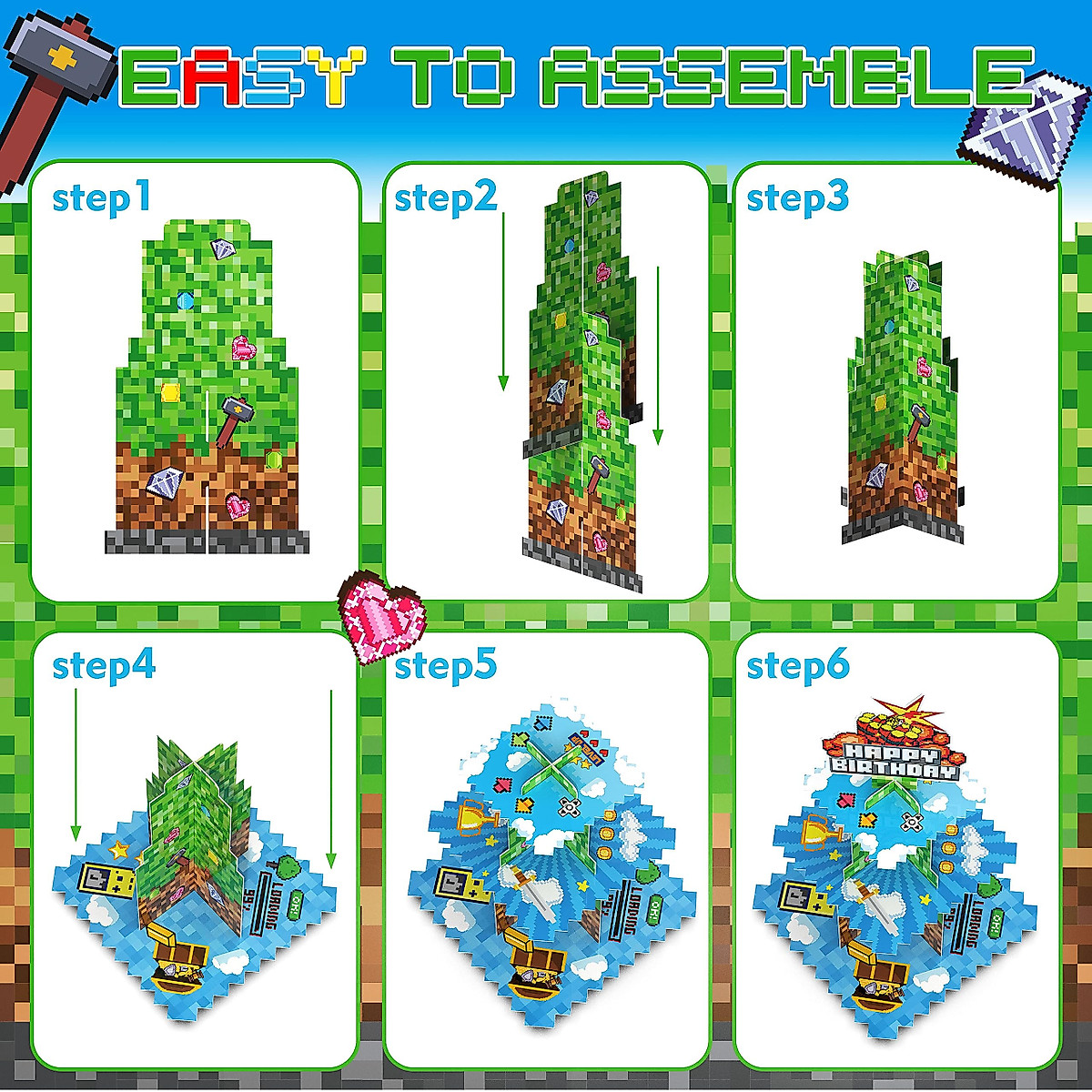 3-Tier Pixel Game Style Cupcake Stand,Mining Birthday Party Decoration Cardboard Cupcake Stand, Dessert Holder Display for Birthday Party Supplies