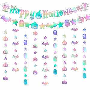 Iridescent Happy Halloween Party-Decorations Banner - 8Pcs Hanging Streamers Garland,Bat Ghost Pumpkin Ceiling Outdoor Indoor Wall Decor Party Props,Porch Room Scary Supplies Hugtmr