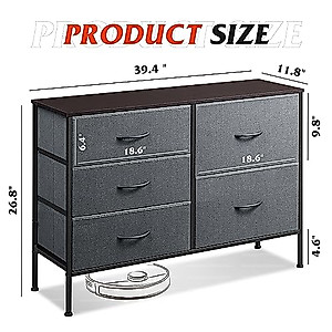 WLIVE Dresser for Bedroom with 5 Drawers, Wide Bedroom Dresser with Drawer Organizers, Chest of Drawers, Fabric Dresser for Living Room, Closet, Hallway, Nursery, Dark Grey