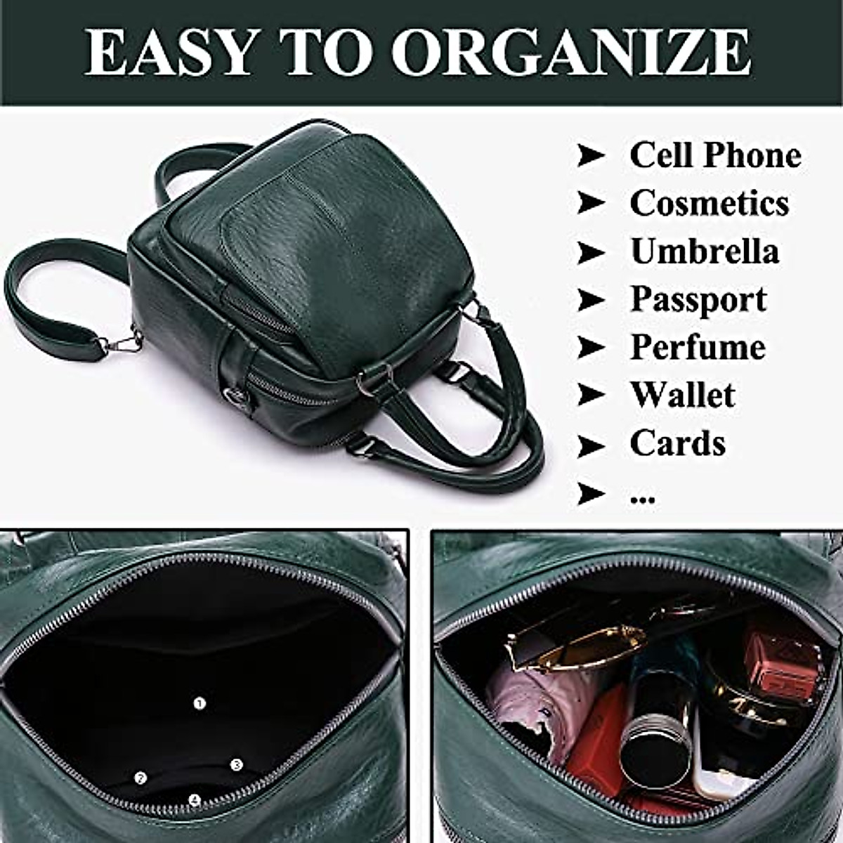 BONVEN Mini Backpack for Women,Small Backpack Purse Shoulder Bag Convertible Backpack Fashion Rucksack for Teen Girls Dark Green