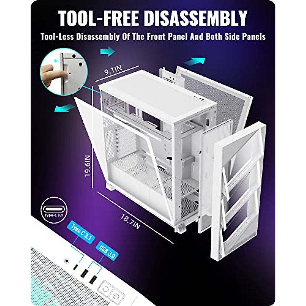 Segotep T3 White Mid-Tower ATX Gaming PC Case, Support Top & Side 360mm Radiators, GPU Snap-On Opening & Closing Front Panel, Type-C Ready, Tool-Free Disassemble (Pre-Install One ARGB & PWM Fan)