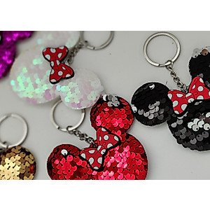 ITISMINE 12 pieces Sparkly BLINK Plush Reversible Sequin 3 inch Key Chain Appeal Backpack Bag Accessories (Minnie Shape), Red Pink Gold Silver Rainbow, 1 size fit all