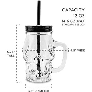 Darware Skull Mason Jar Mugs (Set of 4); Clear 12oz Glasses with Reusable Straws
