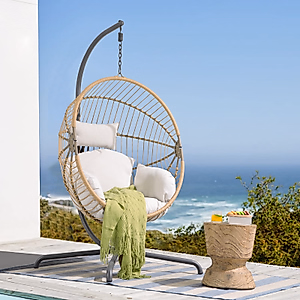 Patiorama Indoor Outdoor Egg Swing Chair with Stand, Oversized Cocoon-Shaped Rope Woven Hanging Chair, Cushion,Safety Strap,Patio Wicker Foldable Hammock Chair for Porch,Garden,Bedroom (Creamy White)