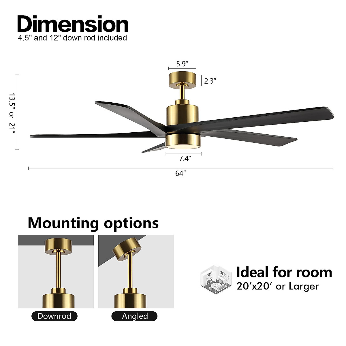 WINGBO 64 Inch DC Ceiling Fan with Lights and Remote Control, 5 Reversible Carved Wood Blades, 6-Speed Noiseless DC Motor, Modern Ceiling Fan in Brass Finish with Balck Blades, ETL Listed