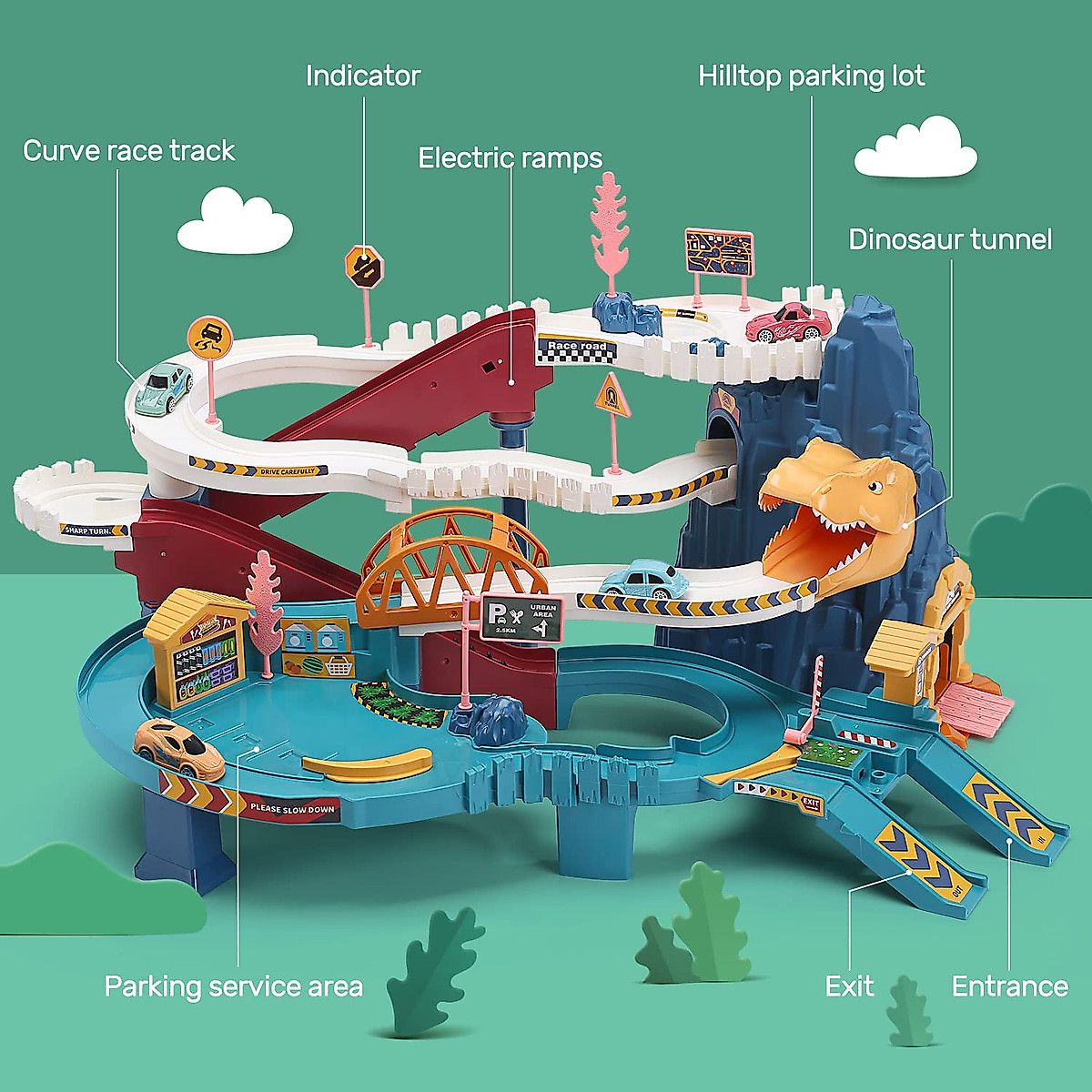 CUTE STONE Race Track Playset with 4 Mini Cars, 4 Dino Pull Back Cars, Dinosaur Figures, Educational Toy Vehicle Playset for 3-5 Year Old Kids