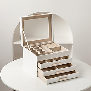 Frebeauty Jewelry Box with Clear Lid,4-Layer Jewelry Organizer with 3 Drawers,Faux Leather Jewelry Organizer and Storage,Square Shape Appearance,Stylish Gold Handle,Jewelry Box for Women(White)